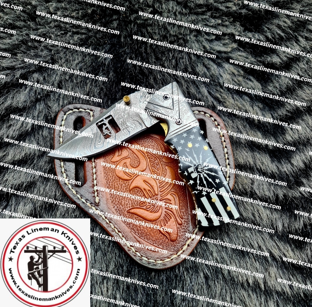 Custom Handmade Damascus Steel Lineman Pocket knife – Texas Lineman Knives